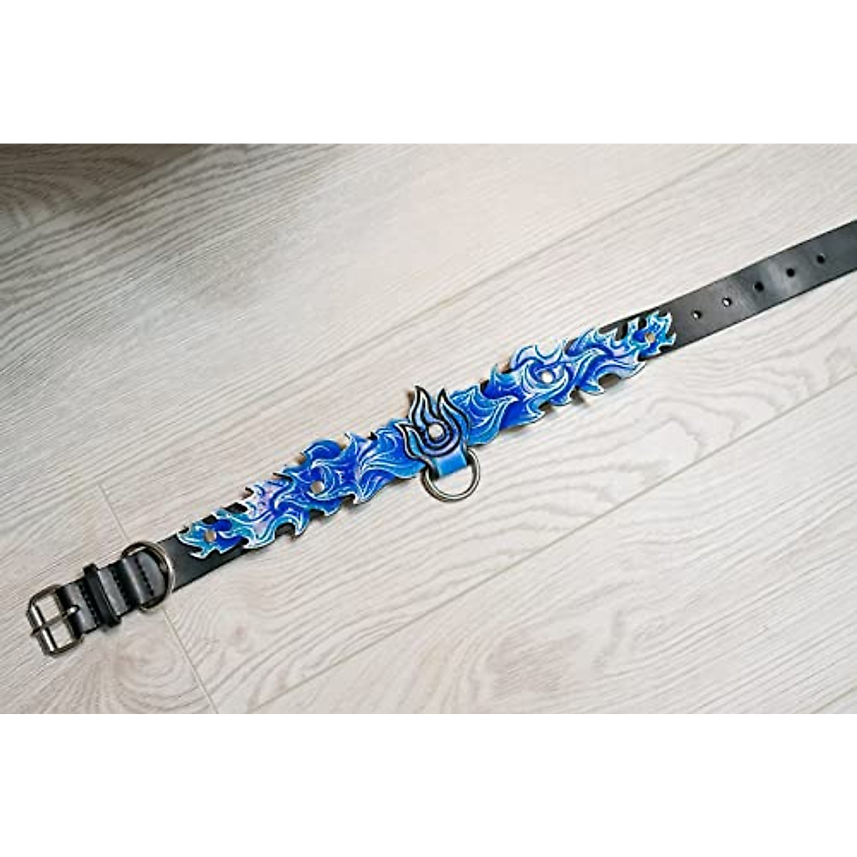Dog Large Blue Flame Collar, Dog Lover Handstitched Collar, Padded Leather Dog Collar, Dog Collar Handmade Leather