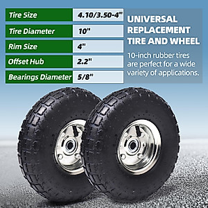 AR-PRO (2 Pack) 4.10/3.50-4 Tire and Wheel, Replacement Pneumatic Tires 10-Inch Wheel with 5/8" Bearings and 2.2" Offset Hub, Compatible with Hand Truck, Wheelbarrow, Wagon, Gorilla Carts