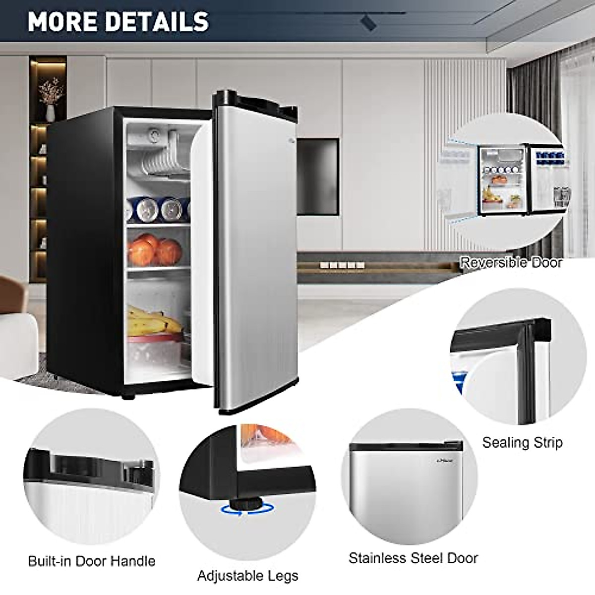 E-Macht 2.6 Cu.Ft. Mini Fridge with Freezer, Single Door Compact Refrigerator,Removable Glass Shelves, Reversible Door, Small Refrigerator for Apartment, Office, Dorm