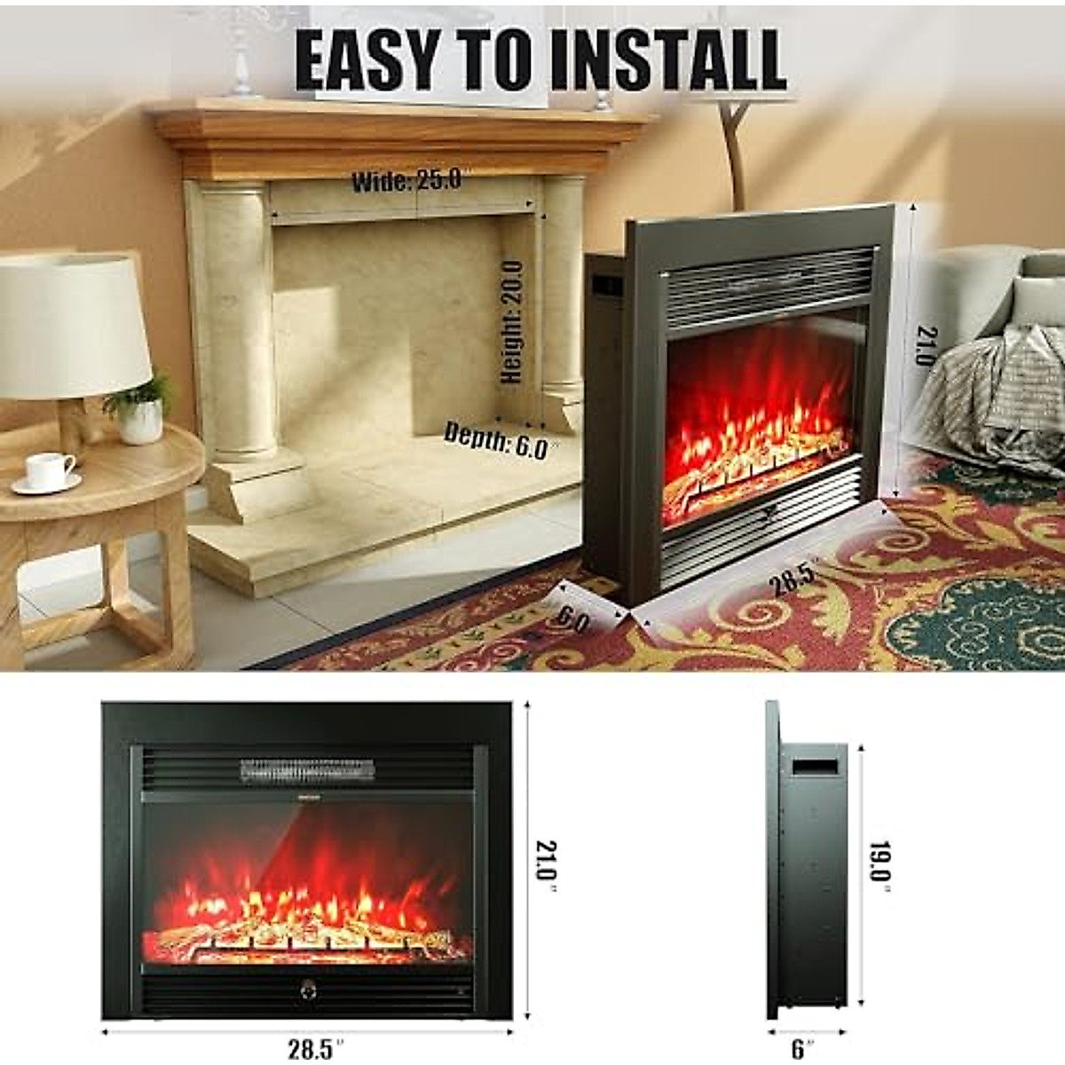 ARLIME Electric Fireplace, 28.5 Inch Electric Fireplace Heater, 750/1500W Wall Fireplace Electric with Remote Control, 3 Color Flames, 5 Brightness Settings 8H Timer, Electric Fireplace Inserts for RV