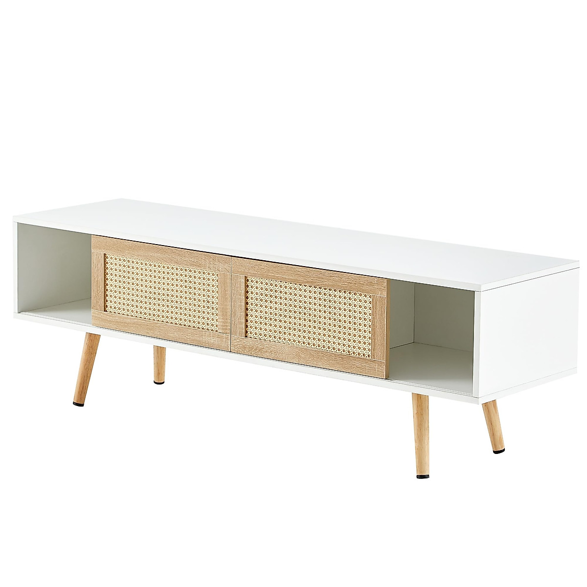 YOUGUO Rattan TV Stand for 65 Inch TV, Boho Entertainment Center with Natural Rattan Sliding Doors & Adjustable Shelf, Wood TV Media Console for Living Room, White