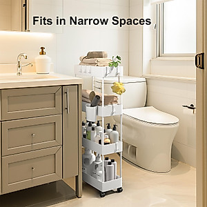Pipishell Slim Storage Cart with Wheels, 4 Tier Bathroom Storage Organizer Rolling Utility Cart for Bathroom Kitchen Laundry Room Office Narrow Place (White)