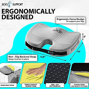 BOD SUPPORT Seat Cushion with Straps - Seat Cushions for Office Chairs, Car Seat Cushion for Tailbone Pain Relief Cushion Design to Relieve Sciatica Coccyx Design from Prolonged Sitting (Grey)