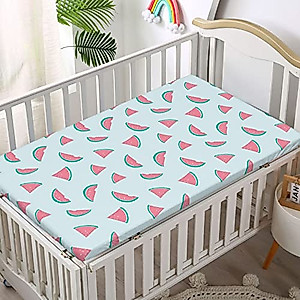 Watermelon Themed Fitted Mini Crib Sheets,Portable Mini Crib Sheets Toddler Bed Mattress Sheets-Baby Crib Sheets for Girl or Boy,24“ x38“,Pastel Pink Dark Seafoam Pale Blue