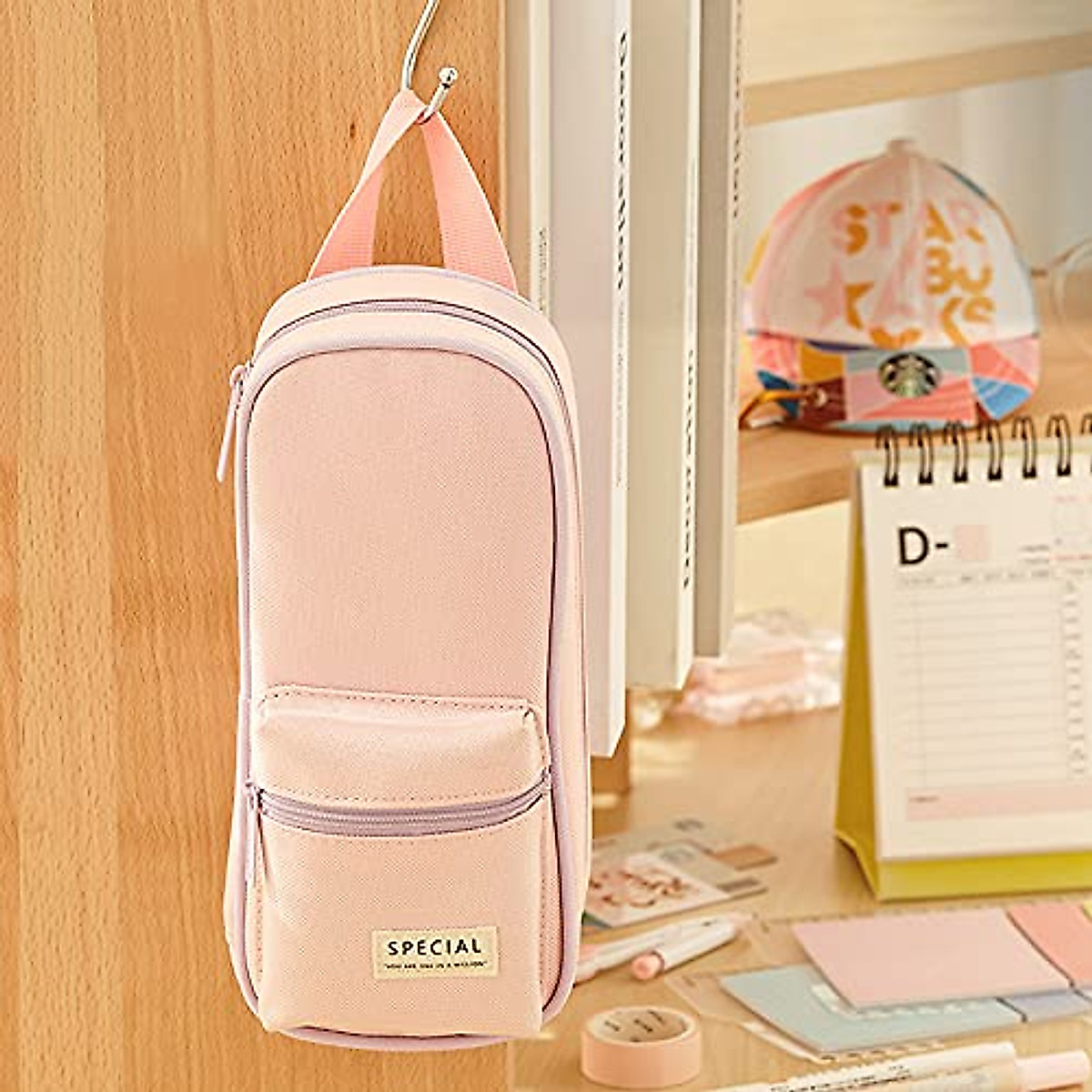 Meyas Handheld Backpack Pencil Case, Large Capacity Pencil Case, Pencil Case Box Organizer, Pencil Bag Stationery Storage Pen Pouch Case, Gift for Middle High School College Kids Students Adults(Pink)