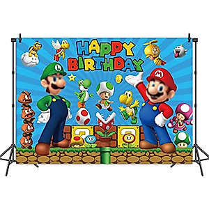 Super Brother Cartoon Backdrop Gold Coin Video Game Background Mushroom Blue Happy Birthday Backdrop for Kids Baby Shower Party Supplies Cake Table Banner Photo Booth Studio Props 5X3FT