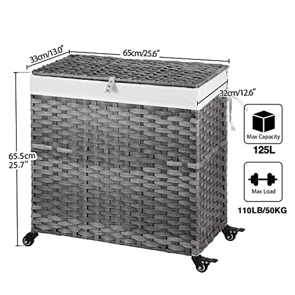 Greenstell Laundry Hamper with Wheels&Lid, 125L Large 3 Sections Clothes Hamper with 2 Removable Liner Bags, 5 Mesh Laundry Bags, Handwoven Divided Laundry Basket Gray