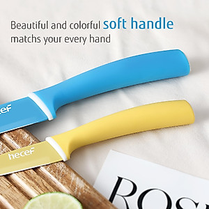 hecef Colorful Knife Set, 6 Pieces Kitchen Knife Set with Covers, Stainless Steel Colour Coded Non-Stick Cooking Knife Set Including Paring, Utility, Bread, Carving, Santoku & Chef Knife