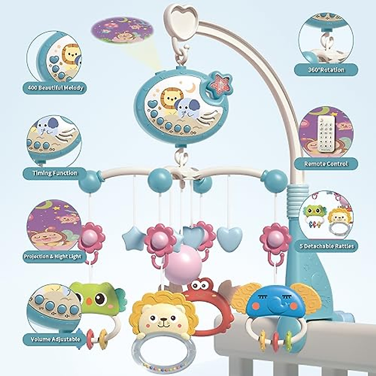 Nutsball Musical Baby Crib Mobile with Lights and Remote Control, Hanging Rotating Animals Rattles and Ceiling Light Projector with Stars, Nursery Toys with 400 Melodies for Ages 0+ Months (Blue)