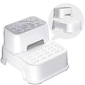 Two Step Stool for Kids, Double up Toddler Step Stool for Potty Training, Kitchen, Bathroom, Toilet Stool with Anti-Slip Strips for Safety, Stackable, Wide Step (1 Pack White)