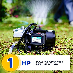 Acquaer 1HP Portable Shallow Well Pump Garden Pump, Stainless Steel, 998GPH, 115V Sprinkler Pump Water Transfer Draining Irrigation Pump for Water Removal/Lawn Garden