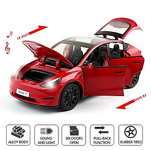 1:24 Scale Model Y Alloy Car Model Diecast Toy Vehicles for Kids, Tesla car Model，Pull Back Alloy Car with Lights and Music，Gifts for Adults and Children, Decorative Objects, Collectibles. (Red)