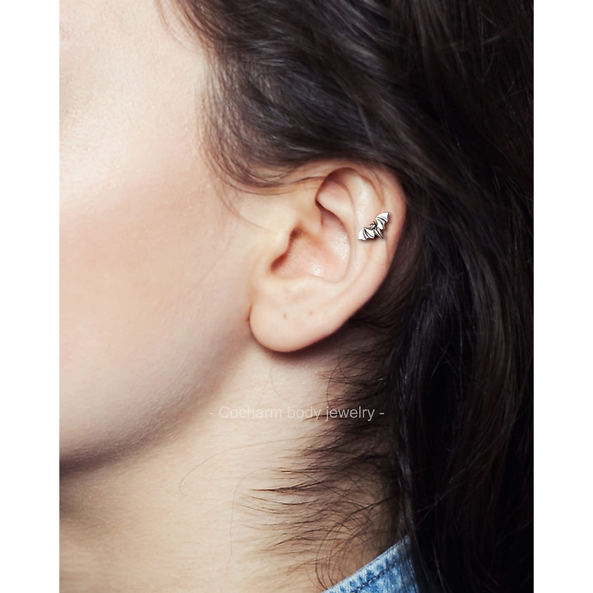 COCHARM G23 Solid Titanium Cartilage Earrings Stud 16G Silver Threadless Push in Helix Earrings for Women Cute Bat Helix Piercing Jewelry Surgical Steel Hypoallergenic