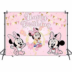 Cartoon Baby Mouse Backdrop Kids 1st 2nd Birthday Pink Mouse Theme Party Photography Backdrop Girls Baby Shower Cake Table Decoration Background (7x5ft)