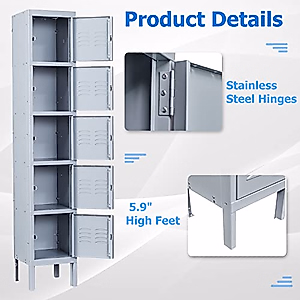 Letaya Metal Lockers, 5 Doors -66" Tall Steel Storage Cabinets Lockable for Employees, School,Gym, Home,Office,Mudroom,Industrial Lockers (Gray)