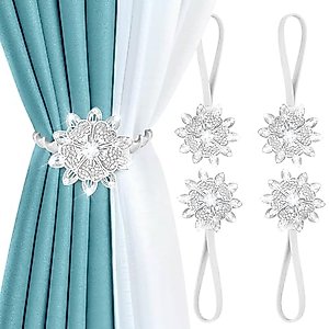 AULEEP Magnetic Curtain Tiebacks, 4 Pack Magnetic Decorative Drapes Curtain Clips Buckle, Flower Curtain Tie Back, European and American Style (Silver)