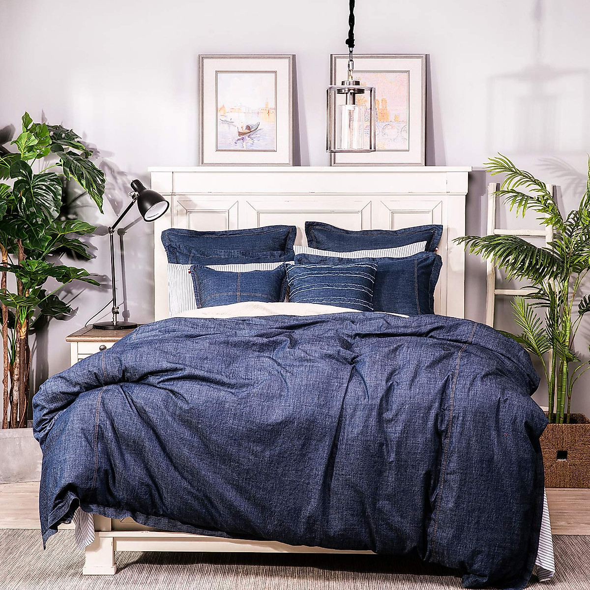 Elegant Life Home Denim Dark Blue Duvet Cover Set 100% Cotton Washed Soft Bedding with Button Closure Corner Ties - California King Size