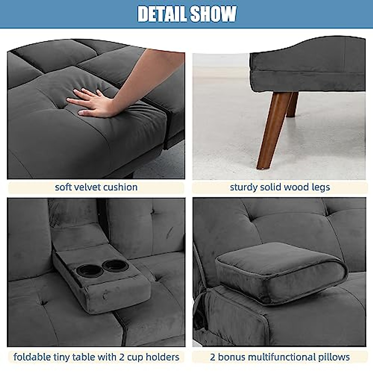 Shintenchi 60" Small Loveseat, 3 in 1 Cute Convertible Sofa Bed, Modern Futon Recliner Sleeper w/2 Cup Holder, Upholstered Folding Couch for Small Space, Dark Gray