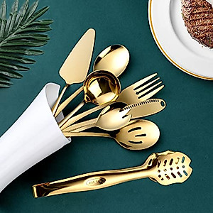 Gold Serving Utensils, OGORI 8-Piece Polished Stainless Steel Flatware Silverware Set Include Serving Spoon, Slotted Spoon, Soup Spoon, Cake Server, Fork, Salad Fork, Butter Knife, Serving Tong