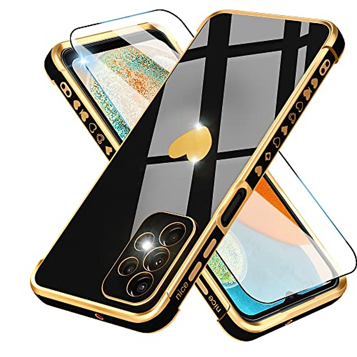 Atump for Samsung Galaxy A23 5G Case with HD Screen Protector Shockproof Protection, Love Heart Plating Girly Women Cute Soft TPU Luxury Elegant Case for Galaxy A23 4G/5G, Black