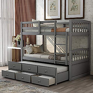 BIADNBZ Twin Over Twin Bunk Bed with Trundle and 3 Storage Drawers, Wooden Detachable Bunkbed Separated into 2 Platform Bedframes for Bedroom/Guest Room, Gray