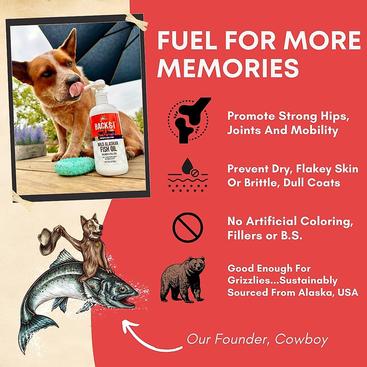 BACK 40 Dogs Wild Alaskan Fish Oil for Dogs, Skin and Coat Supplement for Dogs & Cats, Omega-3-Rich Salmon and Pollock Oil, EPA & DHA Dog Salmon Oil for Brain, Heart, and Joints 16 fl oz (473 ml)