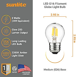 Sunlite LED G16 Filament Globe Light Bulb, 3 Watts (25W Equivalent), 250 Lumens, Dimmable, Medium E26 Base, Short Bulbs for Bedroom, Kitchen, 2700K Soft White, 6 Count