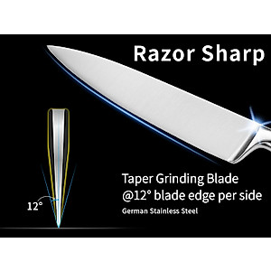 Hollory 8 Inch Chef Knife, German High Carbon Stainless-Steel Blade and Ergonomic Comfortable Handle, Non-Stick Chef Knife for Cutting of Meat Vegetables and Fruits-Silver