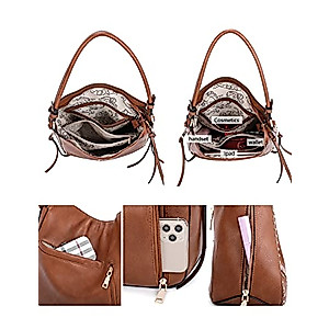 Concealed Carry Hobo Bag Crossbody Purse Shoulder Bag Hand Bag Wallet Studded Faux Leather Women Tote Bag (Brown)