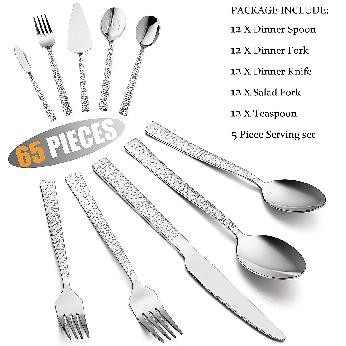 65-Piece Silverware Set with Serving Pieces, E-far Stainless Steel Hammered Flatware Eating Utensils Service for 12, Modern Tableware Cutlery Set with Square Edge, Mirror Polished, Dishwasher Safe
