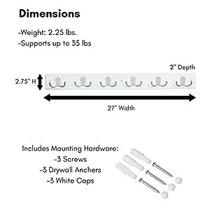 BIRDROCK HOME Dual Hook Coat and Hat Rack - 6 Dual Hooks - 27 Inches - Wall Mount - Decorative Home Storage - Entryway Foyer Hallway Bathroom Bedroom Rail - White Pine Finish - Satin Nickel Hooks