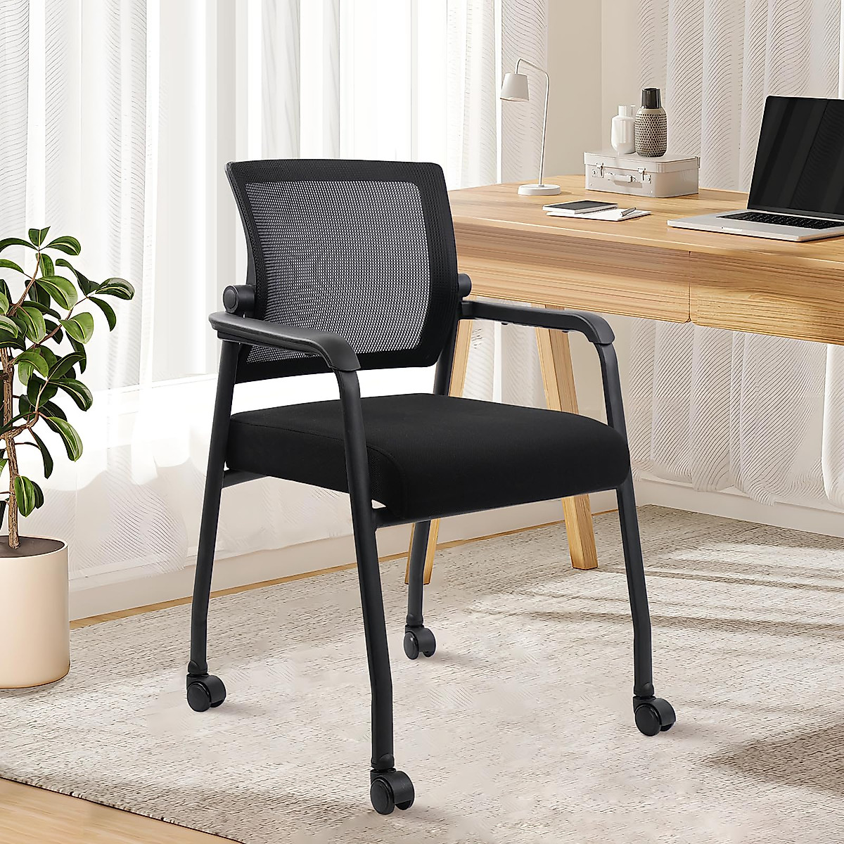 KLASIKA Waiting Room Chairs with Wheels, Adjustable Mesh Backrest, Desk Chair with Ergonomic Lumbar Support and Thickened Seats Cushion, Black