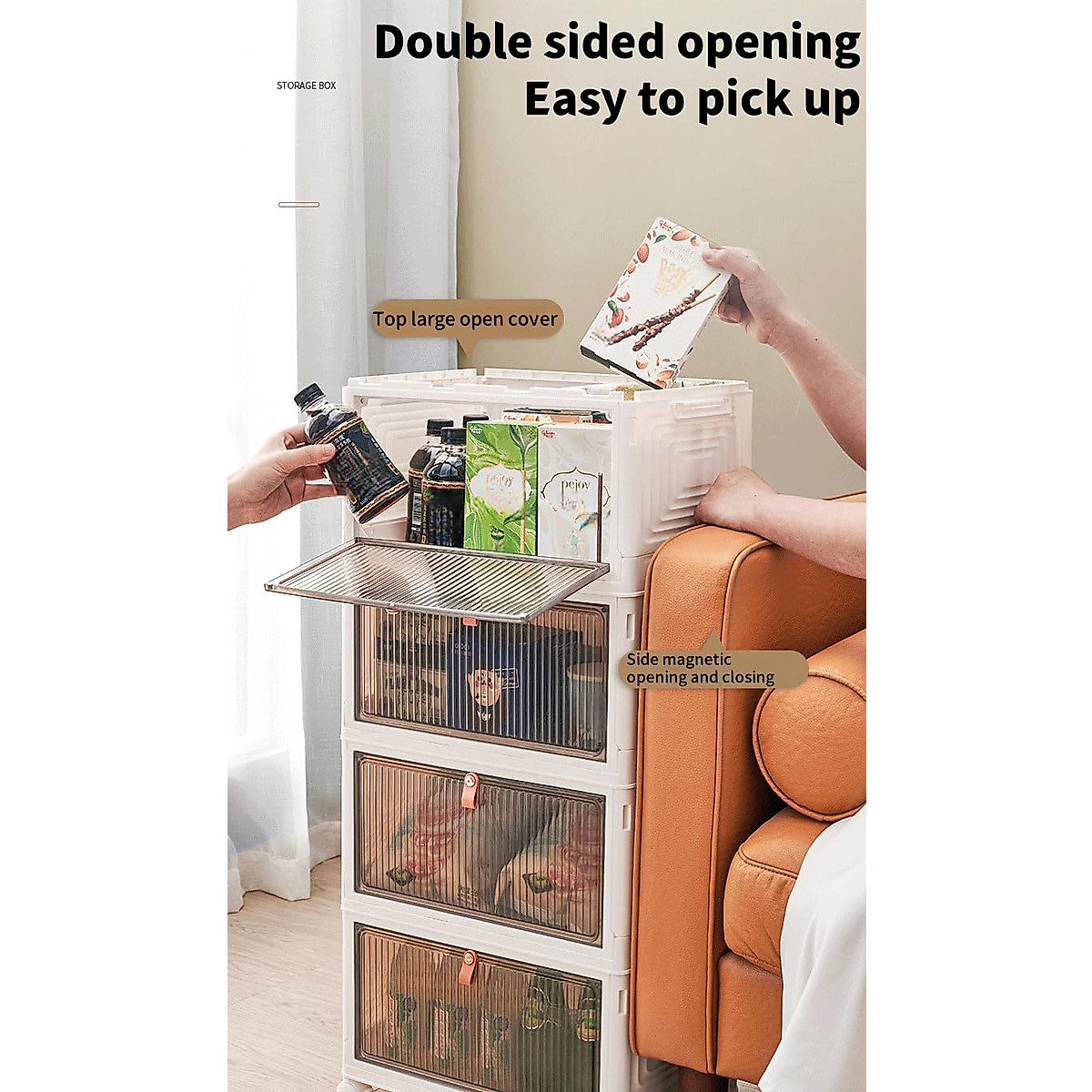 5 Tier Stackable Storage Bins with Lids, 28Qt Plastic Storage Containers with Magnetic Doors & Wheels, Convenient Storage Bins Closet Organizers, Household Organization for Home, Party, Office, Dorm