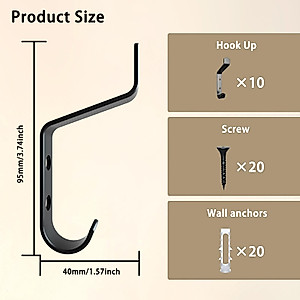 10PCS Wall Hooks for Hanging,Black Wall Hooks Coat Metal Wall Hooks Towel Hooks for Wall,Heavy Duty Single Prong Wall Hooks with 20 Pieces Screws for Robe Hooks Wall Mounted for Key Towel Bags Hat