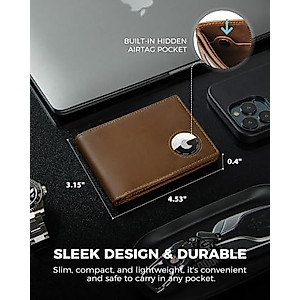 LORZOR AirTag Wallet - Bifold Full Grain Leather Mens Air Tag Wallet with AirTag Holder, RFID Blocking Minimalist Wallet for Men for Apple Air Tag, up to 11 Cards Gifts for Men