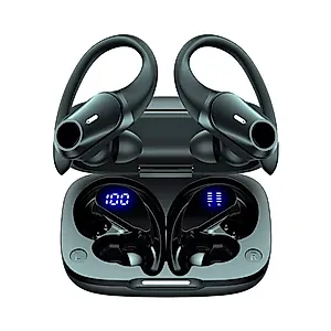 SGNICS for Wiko Voix Wireless Earbuds Headphones with Charging Case & Dual Power Display Over-Ear Waterproof Earphones with Earhook Headset with Mic for Sport Running Workout Black