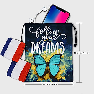 Follow Your Dreams Grip Bag - Blue Butterfly Gymnastics Grips Bag Watercolor Turquoise Yellow Drawstring Storage Bags Pouch Shoe Bags Adjustable Polyester Towel Bag