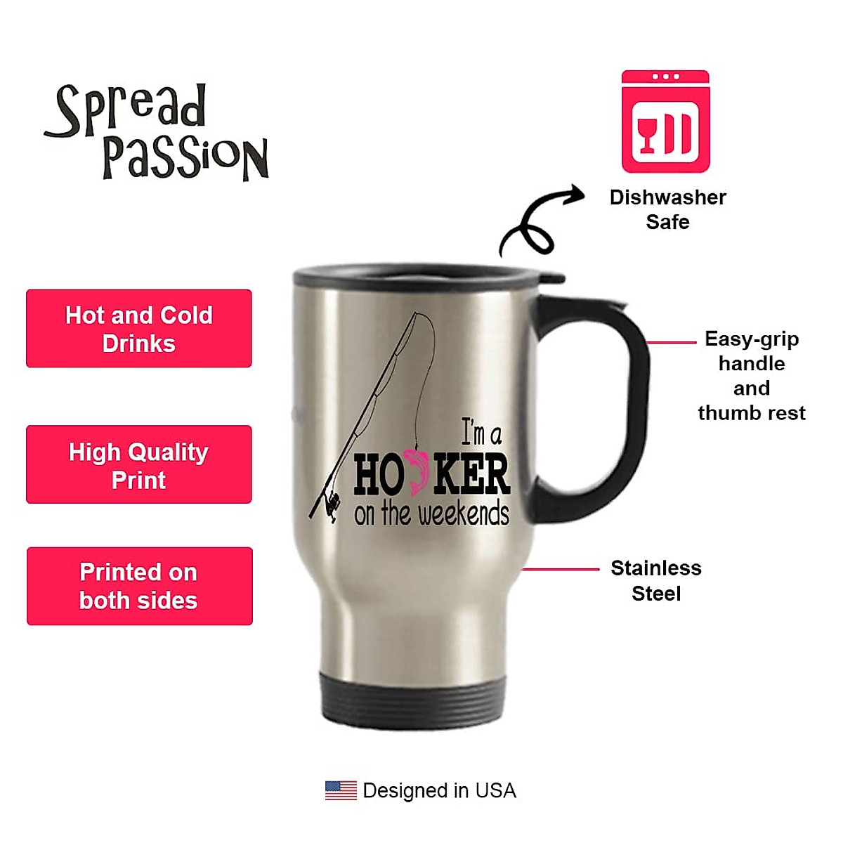 SpreadPassion Fishing Travel Mug, Fishing Coffee Travel Mug, Fishing Tumbler, Fishing Gift, Hooker on the Weekends Mug, Fishing Insulated Tumblers Mug, Fishing Camping Birthday Gift