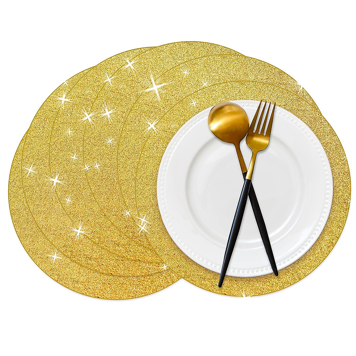 Datyiiha 50 Pieces Gold Glitter Paper Place Mats Sparkle Round Disposable Table Mats Golden Sequin Doilies Decorative Placemats for Wedding Banquet Party Home Dining Tableware