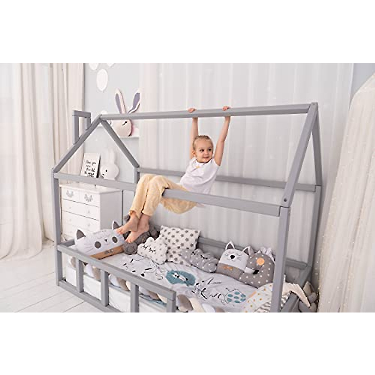 BUSYWOOD Montessori Twin House Bed - Toddler Floor Bed Frame - Kids Furniture - Indoor Playroom - Floor Bed House - Montessori Bed for Toddlers (Model 2, Grey, Floor Bed)