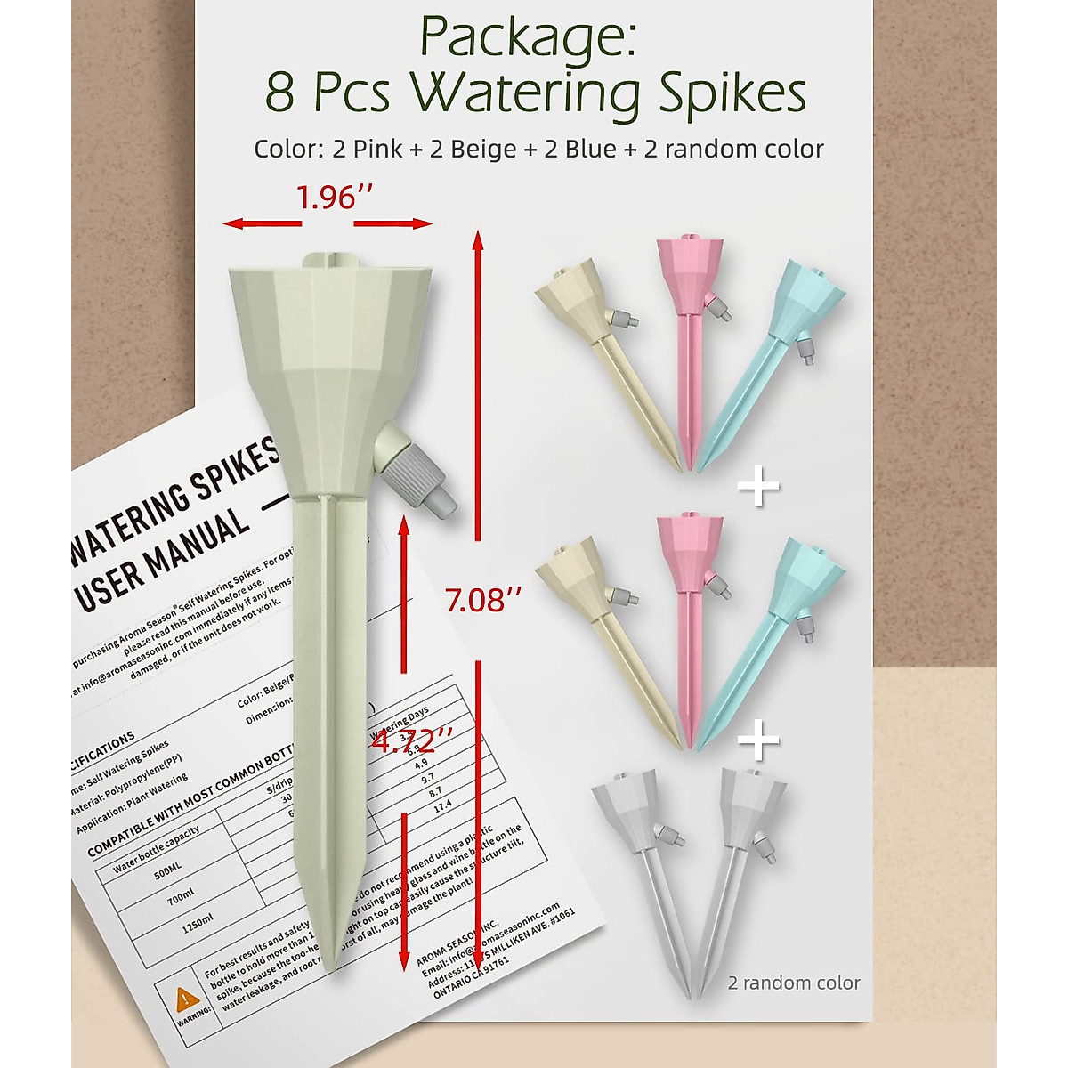 Aroma Season Self Watering Spikes - 8 Pcs Plant Waterer with Slow Release Control Valve - Automatic Watering Drip System Plant Watering Devices for Vacation and Indoor Outdoor Potted Plants