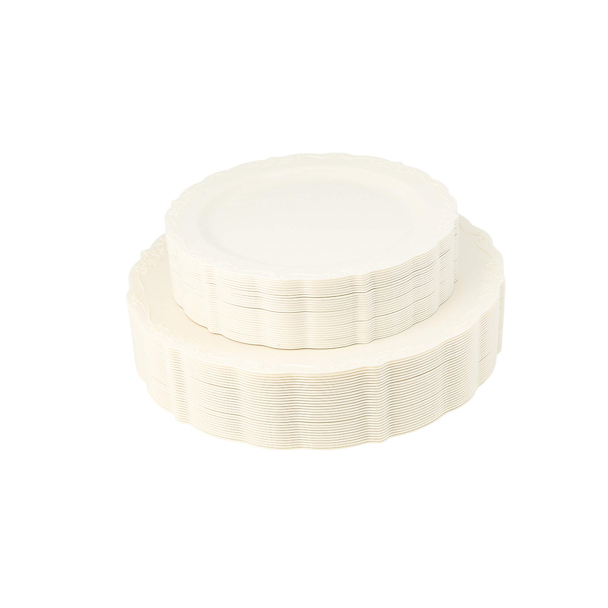 Posh Setting Disposable Plastic Plates Set - Heavy Duty Vintage Plastic Plates - Ivory Vintage Disposable Dinnerware Sets with 30 Appetizer Plates & 30 Plastic Dinner Plates for Wedding (60 Pack)
