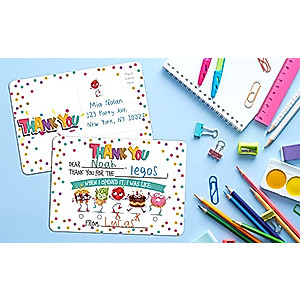 Gooji Kid’s Thank You Cards, 25 Pc. Postcards Set, Double-Sided Custom Cardstock with Fill in the Blank Messages for Birthday Party, Event, or Holiday Use, Stickers Included (Party Treats)
