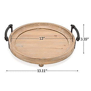 NIKKY HOME Farmhouse Round Wood Decorative Tray, Distressed Candle Tray with Metal Handles, Centerpiece Decor for Coffee Bar, Kitchen Counter, Dining Room Table - Natural Wood