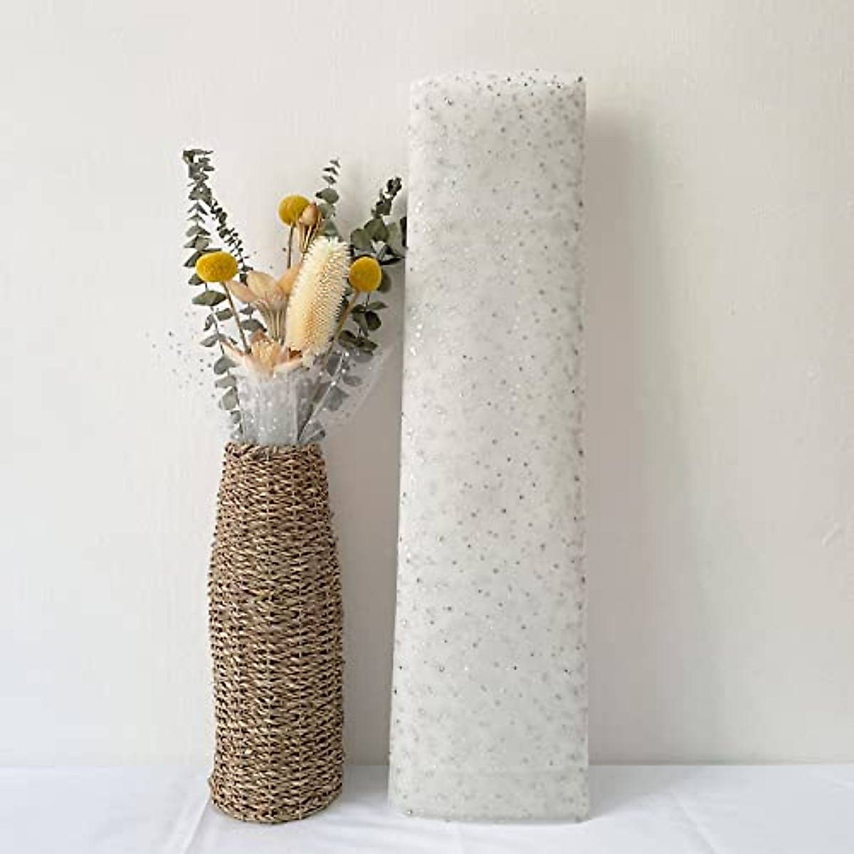 White Glitter Tulle Fabric Rolls 63 inch by 5 Yards Sequin Tulle Netting Fabric for Tutu Skirt Sewing DIY Crafts Wedding Birthday Baby Shower