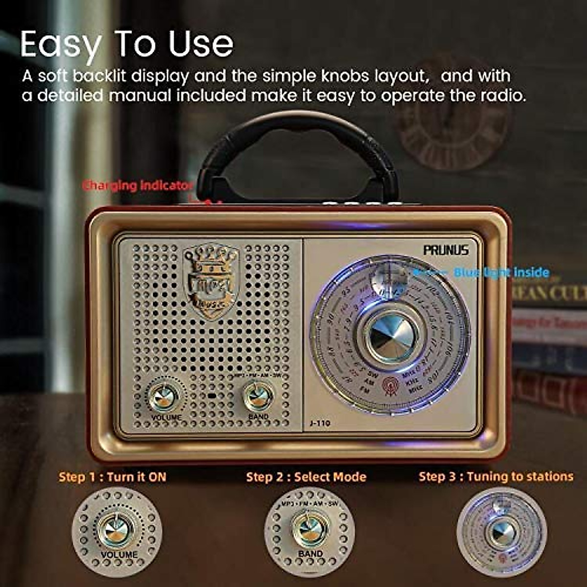 J-160 Retro AM FM Shortwave Radio, J-110 Vintage AM FM Shortwave Tabletop Radio with Excellent Reception, SD Card USB Drive Aux-in MP3 Player, Battery Operated by PRUNUS