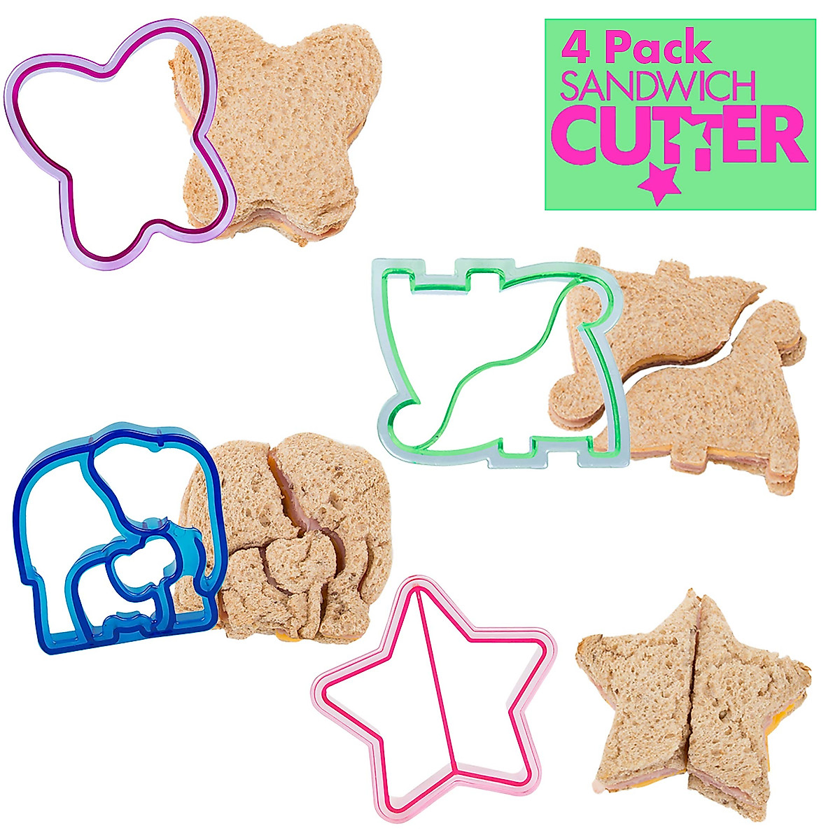 Sandwich Cutters for Kids, 4 pk - Cute Bread Crust & Cookie Cutters with Butterfly, Star, Dinosaur & Elephant - Great for School Lunches and Home Baking