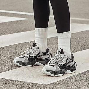 BEAU TODAY Chunky Dad Sneakers for Women,Women Fashion Platform Sneakers,Leather Comfortable Casual Walking Dad Shoes Grey&White US 7