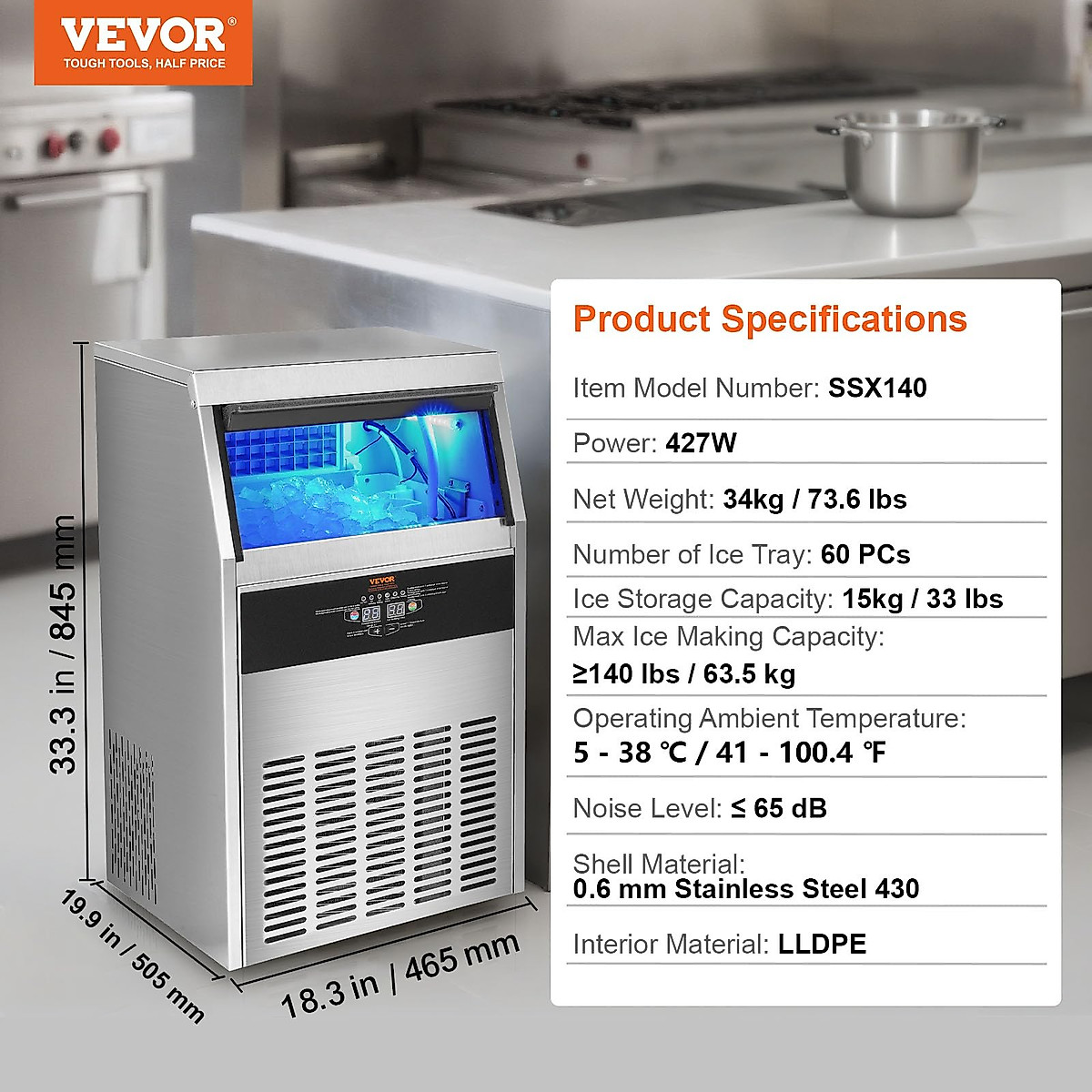 VEVOR Commercial Ice Maker Machine, 140lbs/24H Ice Maker Machine with 33lbs Storage Capacity, 60 Ice Cubes in 12-15 Minutes, LED Digital Display Commercial Ice Maker for Bar Home Office Restaurant