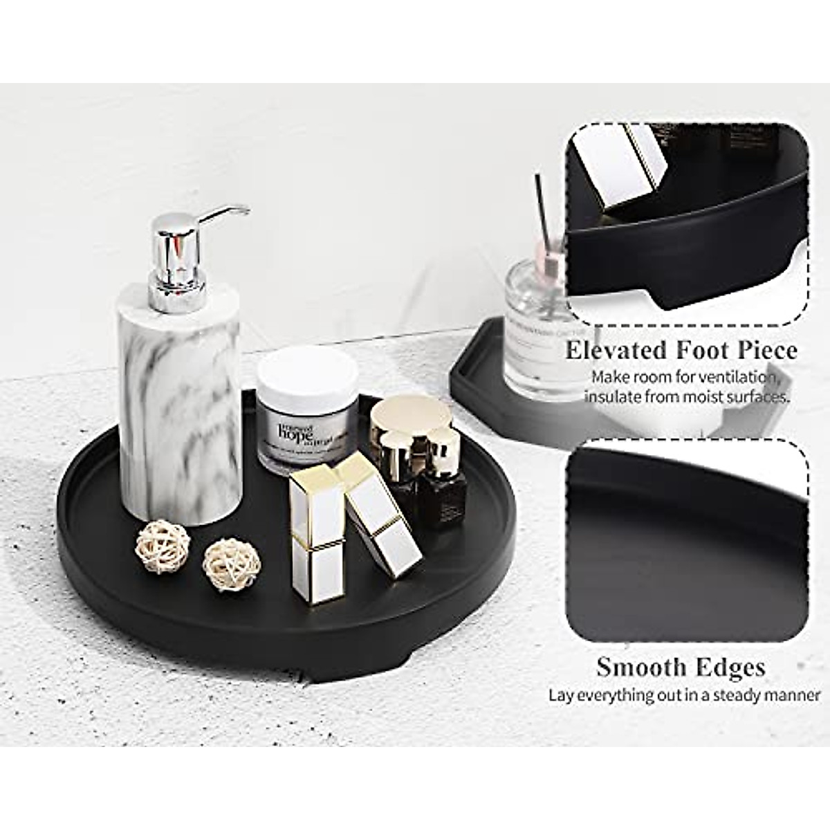 Lewondr Vanity Tray, Marbling Round Tray Resin Decorative Tray Organizer, Display Tray Storage Platter with Handle Table Storage with Elevated Foot for Cosmetic, Jewelry, 27 * 27cm - Matte Black